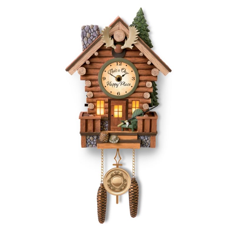'This Is Our Happy Place' Illuminated Log Cabin Wall Clock